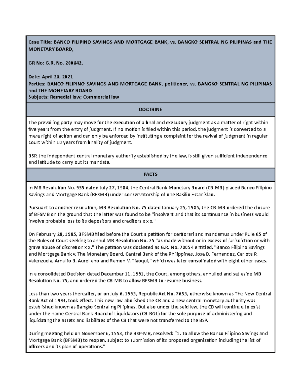 Banco Filipino Savings AND Mortgage BANK, vs. Bangko Sentral NG ...