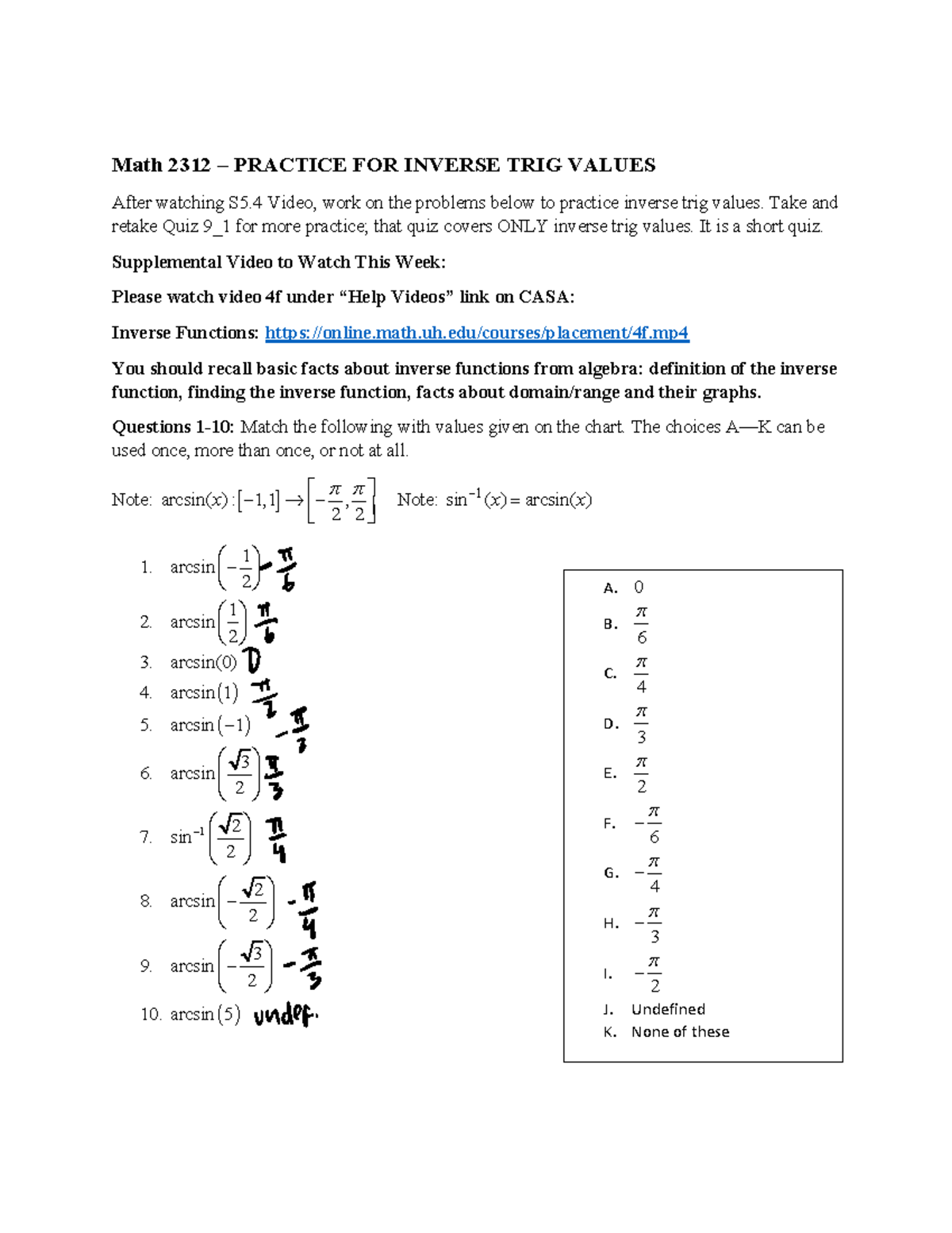 Inverse Practice - ####### Math 2312 – PRACTICE FOR INVERSE TRIG VALUES ...