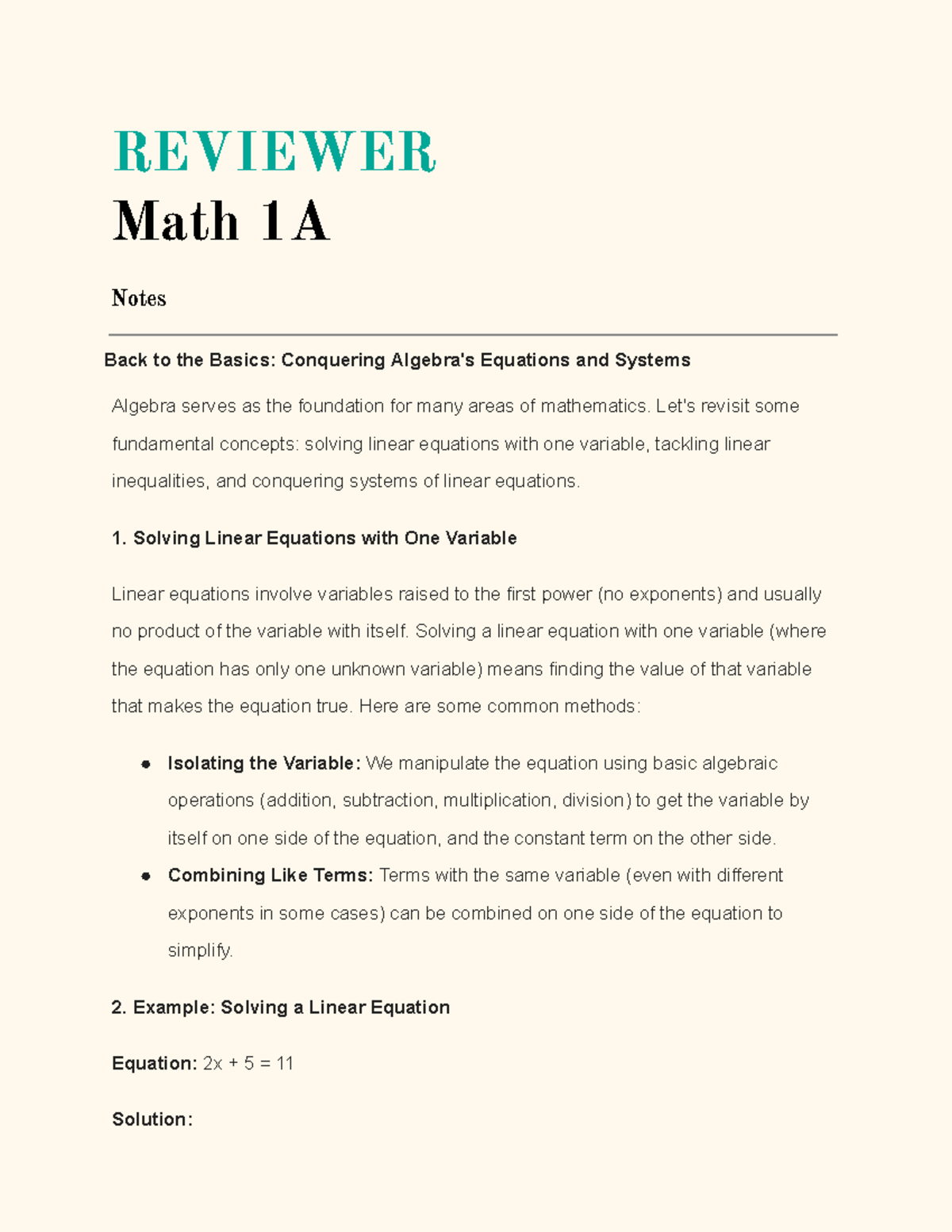 MATH 1A Notes (25) - REVIEWER Math 1A Notes Back to the Basics ...