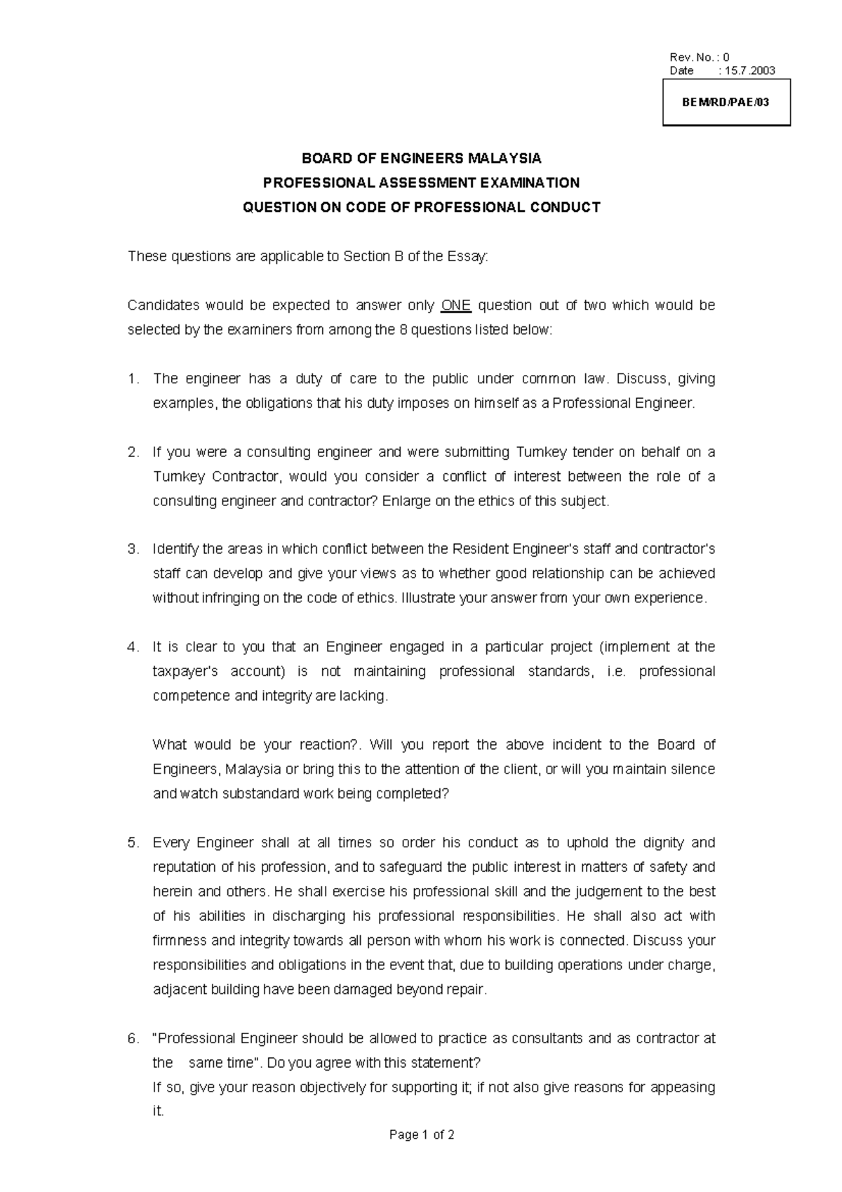 PAE - Qs on COE - Summary Civil engineering - Rev. No. : 0 Date : 15 ...