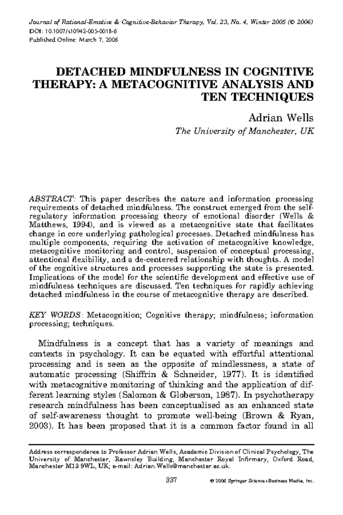 Wells 2005 Detached Mindfulness - DETACHED MINDFULNESS IN COGNITIVE ...
