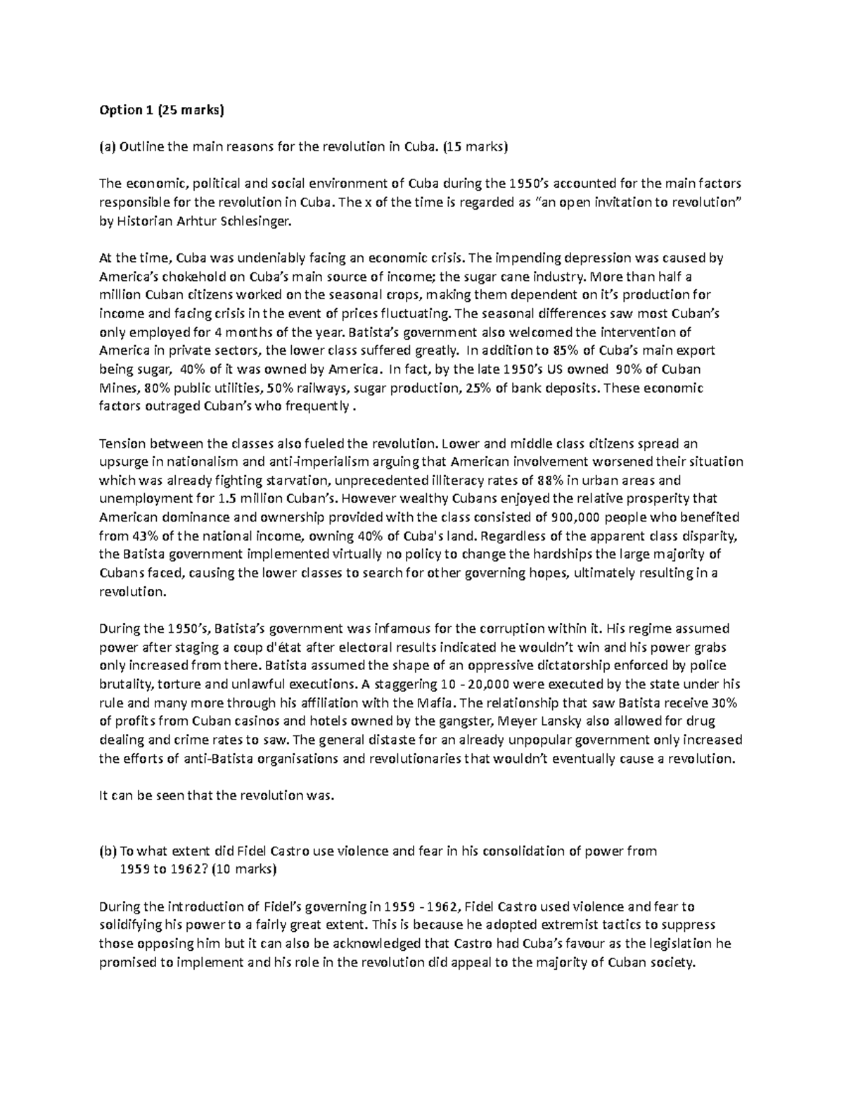 History Term 2 - Cuba - Practise Essays - Option 1 (25 marks) (a ...