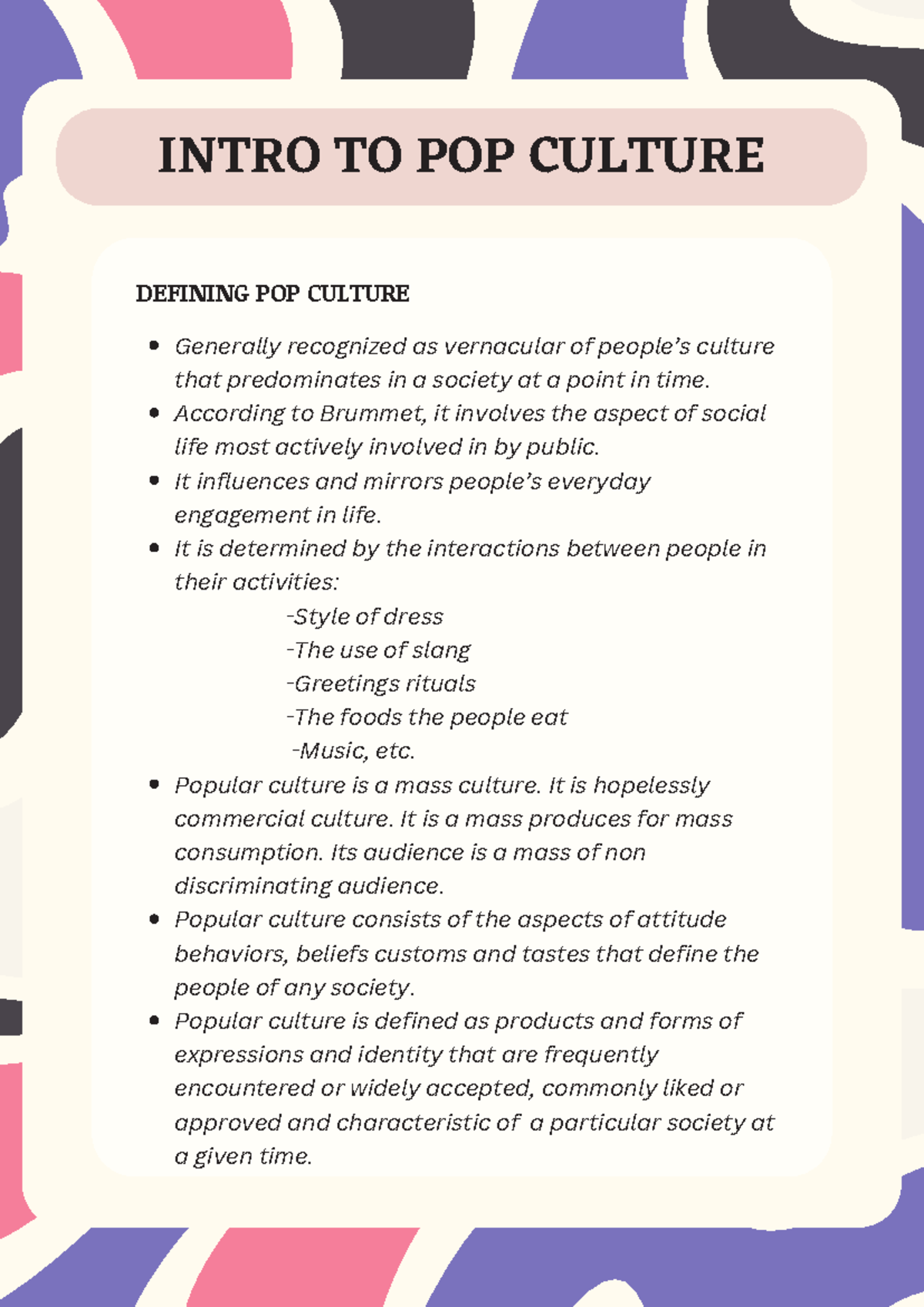 PPC Reviewer 2 - INTRO TO POP CULTURE DEFINING POP CULTURE Generally ...