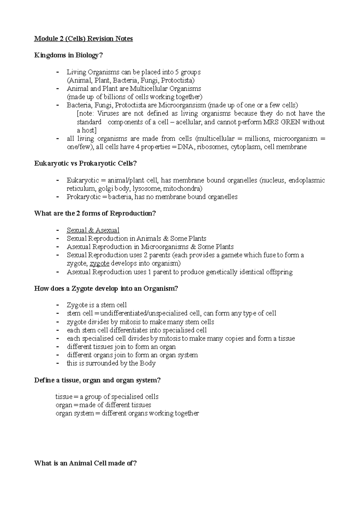 AQA Module 2 Revision Notes - Module 2 (Cells) Revision Notes Kingdoms ...