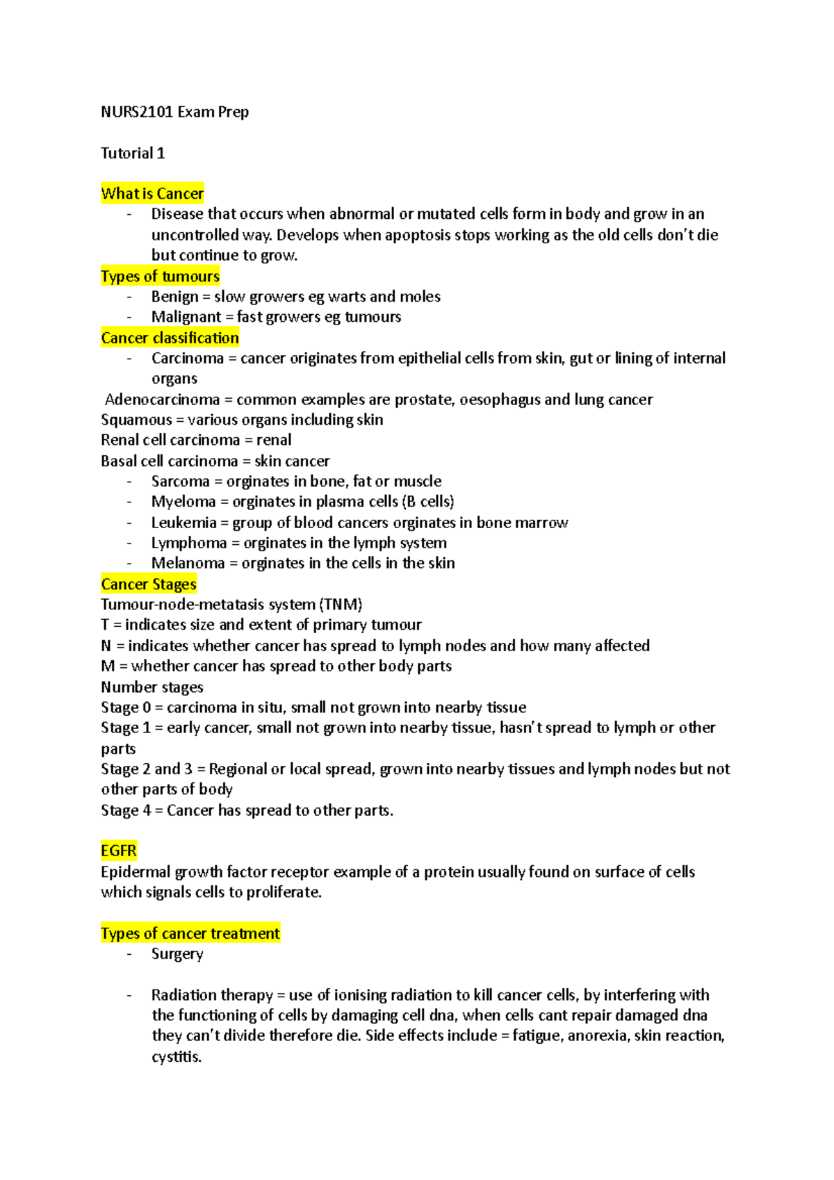 NURS2101 tut 1 - Lecture and tutorial 1 summary, includes colon cancer ...