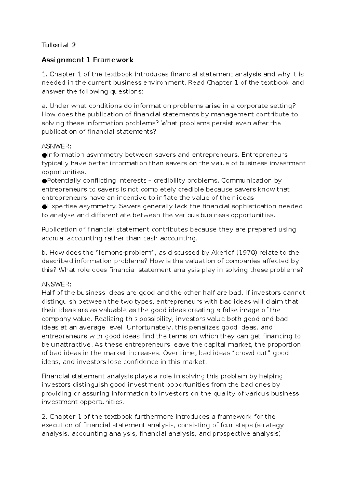 Tutorial 2 - Homework - Tutorial 2 Assignment 1 Framework Chapter 1 of ...