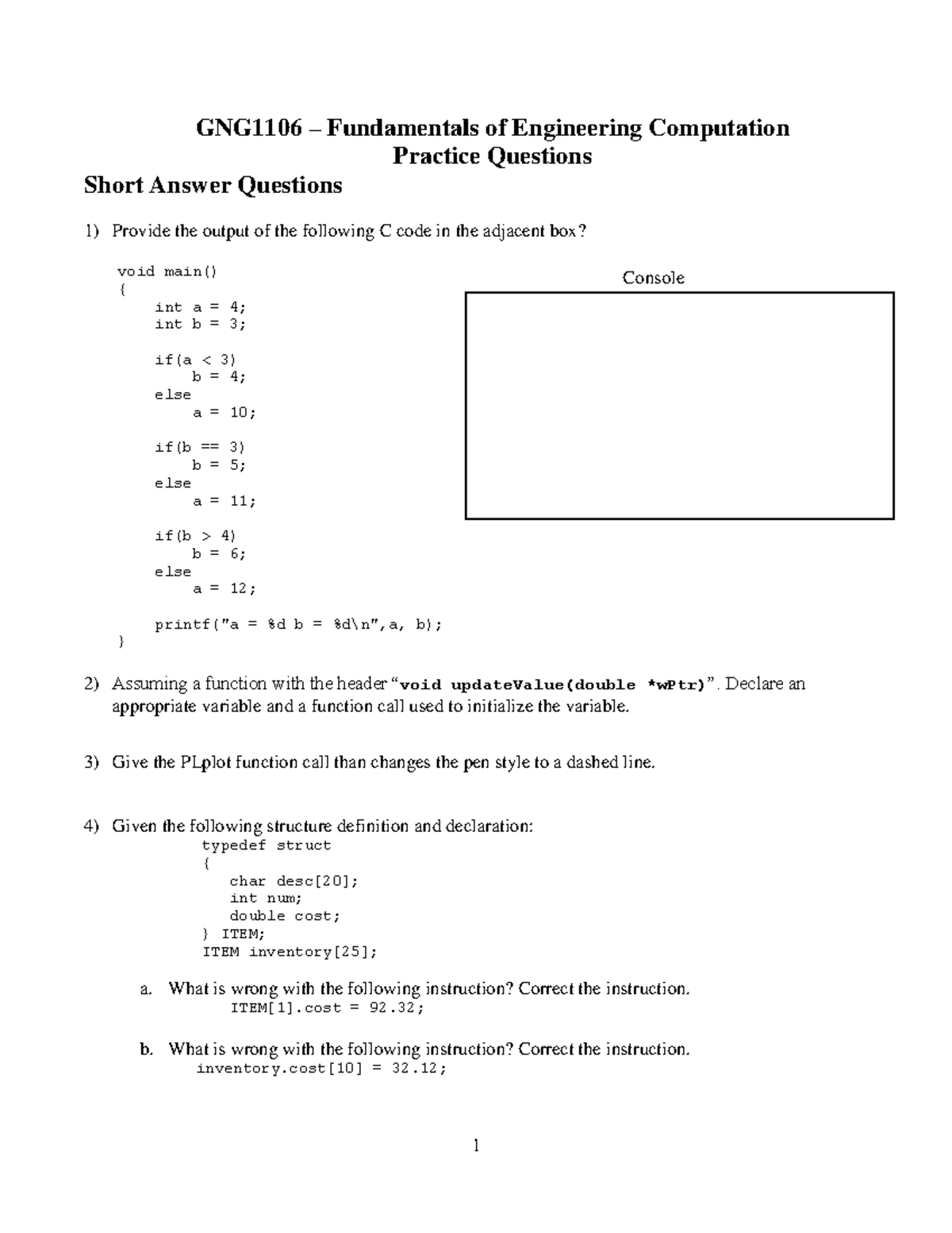 GNG1106 Practice Questions Final - GNG1106 – Fundamentals of ...