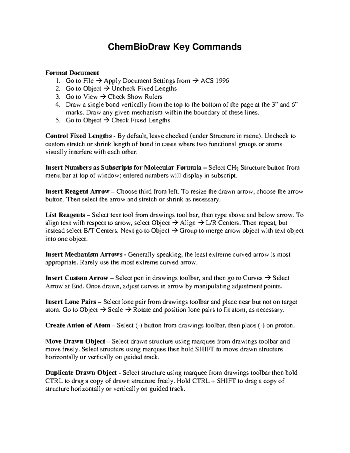 Chem Bio Draw Key Commands Handout - ChemBioDraw Key Commands Format ...