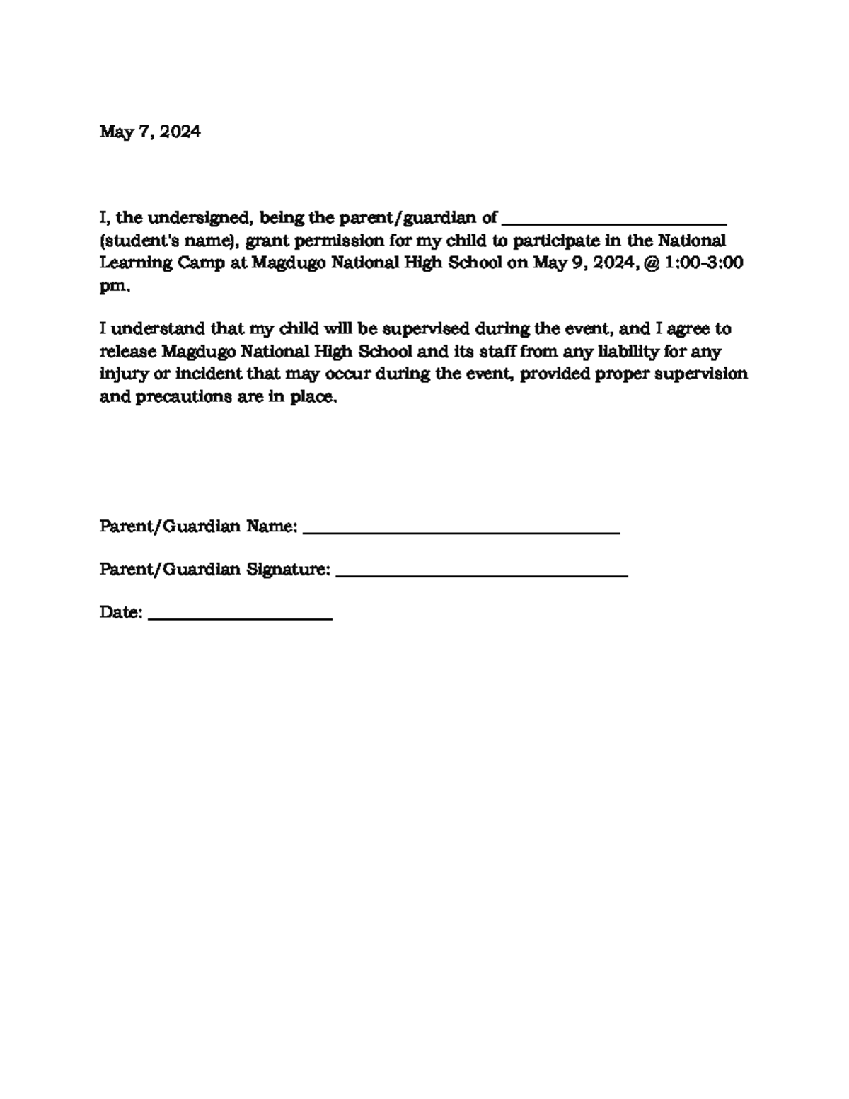 Parents Consent form - May 7, 2024 I, the undersigned, being the parent ...