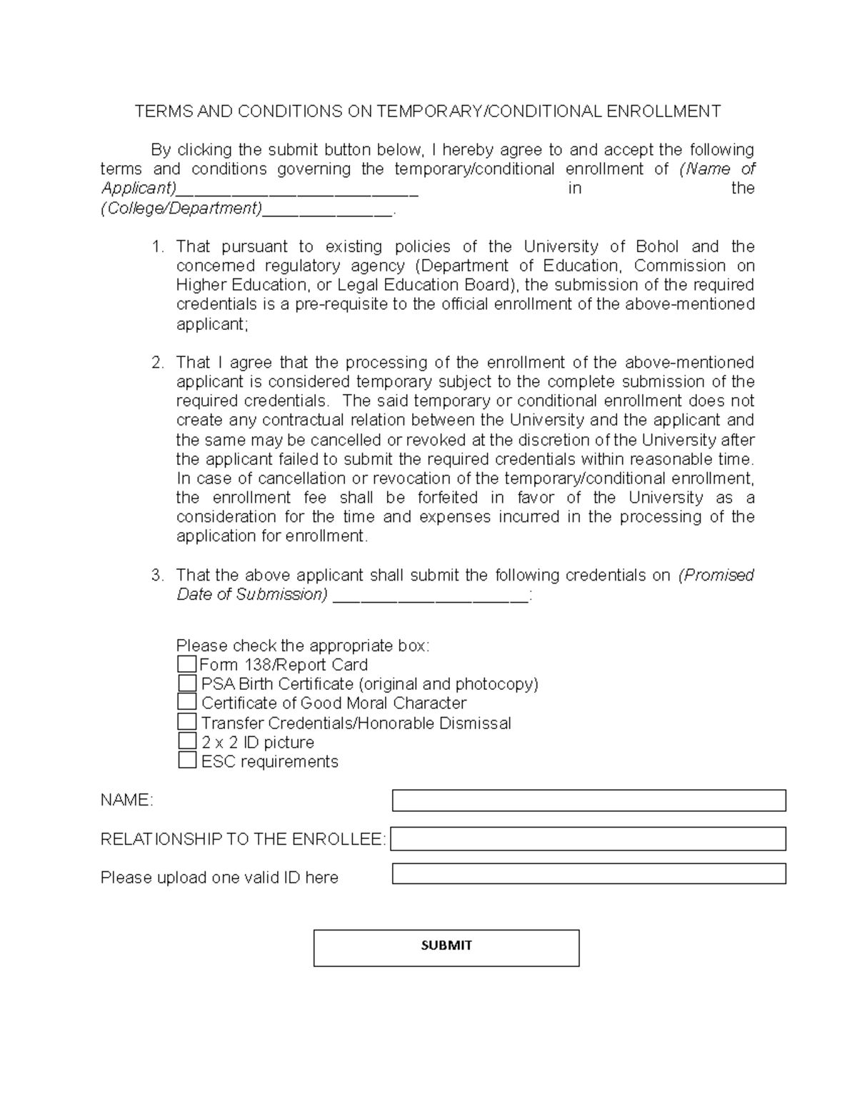 Terms and Conditions on Temporary Enrollment - Business Math - Studocu