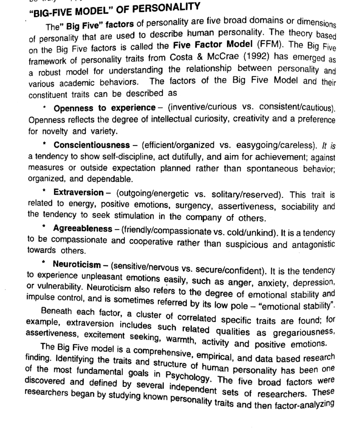 Trait theories(Costa and MCrae) - "BIG-FIVE MODEL" OF PERsONALITY The ...