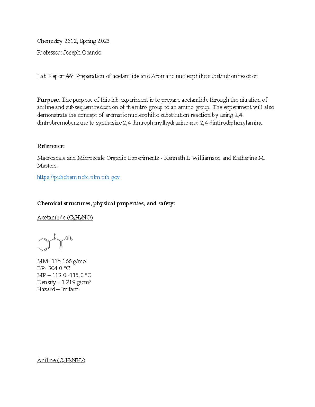 Organic Chemistry 2 Lab report 9 - Chemistry 2512, Spring 2023 ...