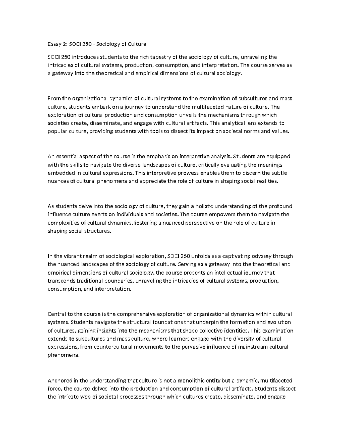 SOCI 250 - Sociology of Culture - Essay 2: SOCI 250 - Sociology of ...