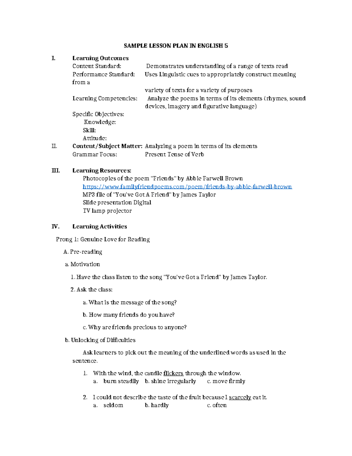 Sample Lesson PLAN IN English 5 - SAMPLE LESSON PLAN IN ENGLISH 5 I ...