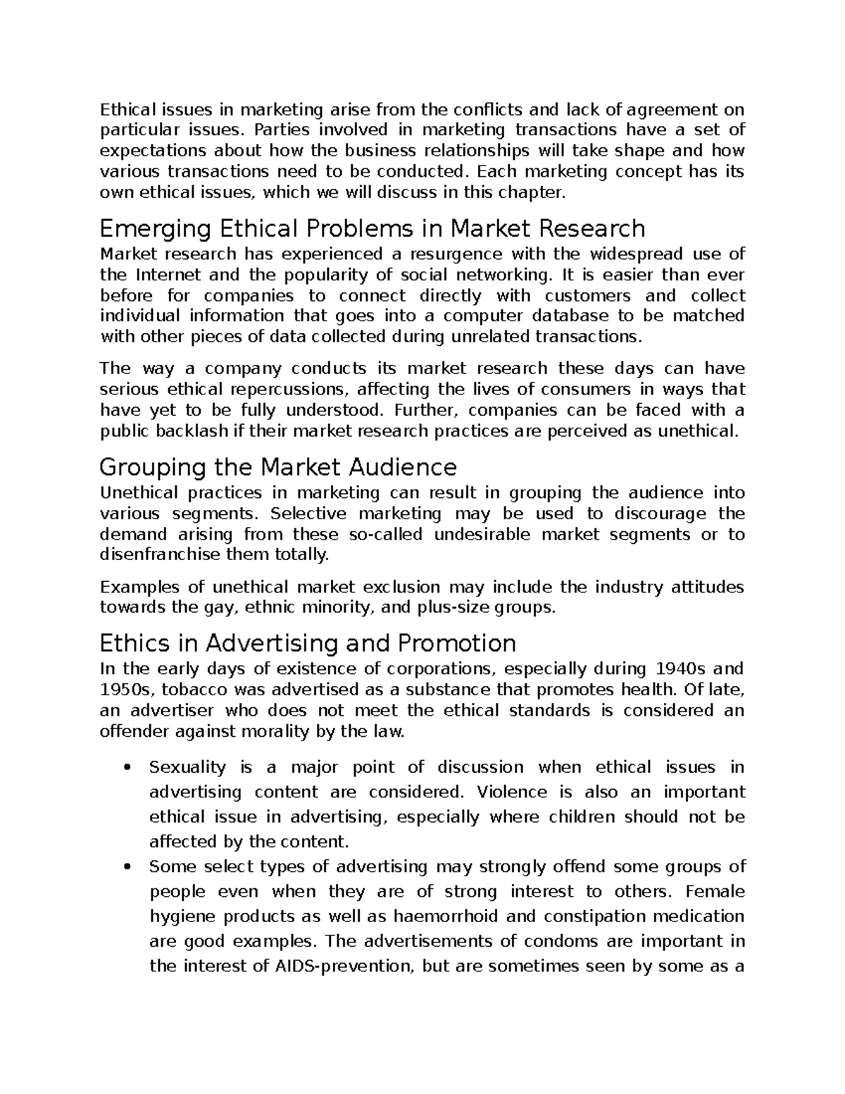 Business ethics notes 5 - Ethical issues in marketing arise from the ...