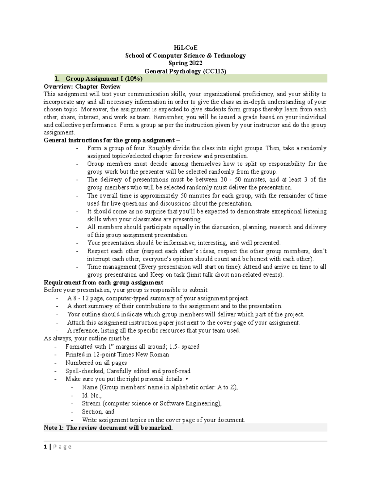 Group and Individual Assignment Presentation Plan CC113 Section ...