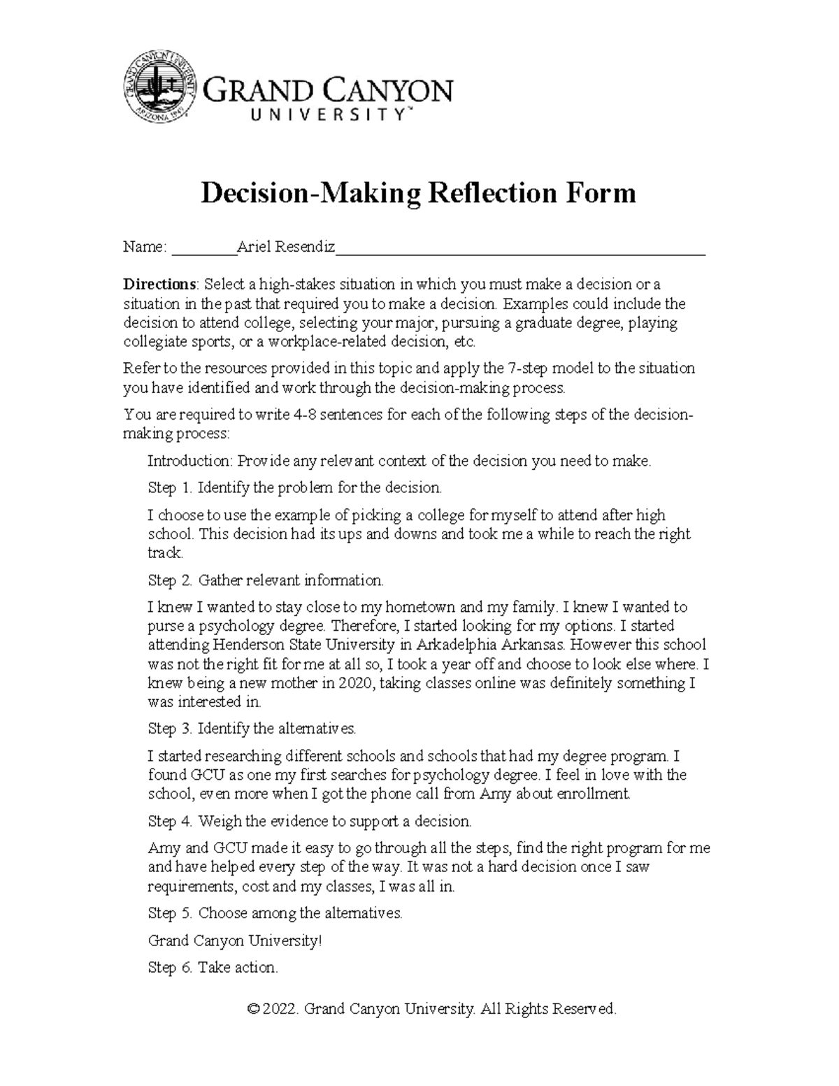 LDR 462 RS Decision Making Reflection Form - Decision-Making Reflection ...