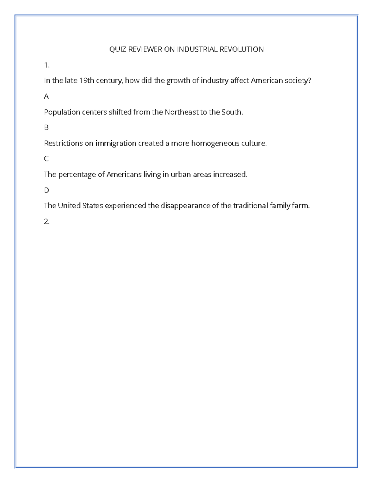 QUIZ Reviewer ON Industrial Revolution - QUIZ REVIEWER ON INDUSTRIAL ...