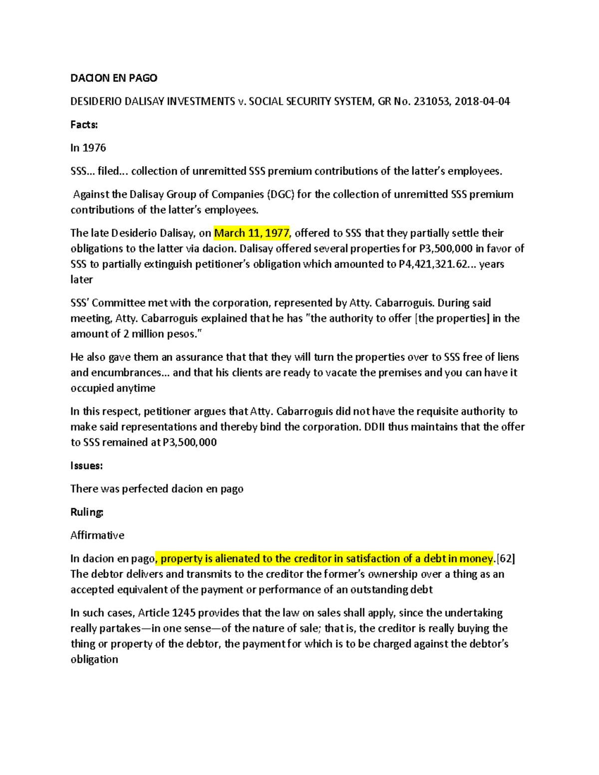 CASE- Digests-OBLIGATIONS and contracts - DACION EN PAGO DESIDERIO ...