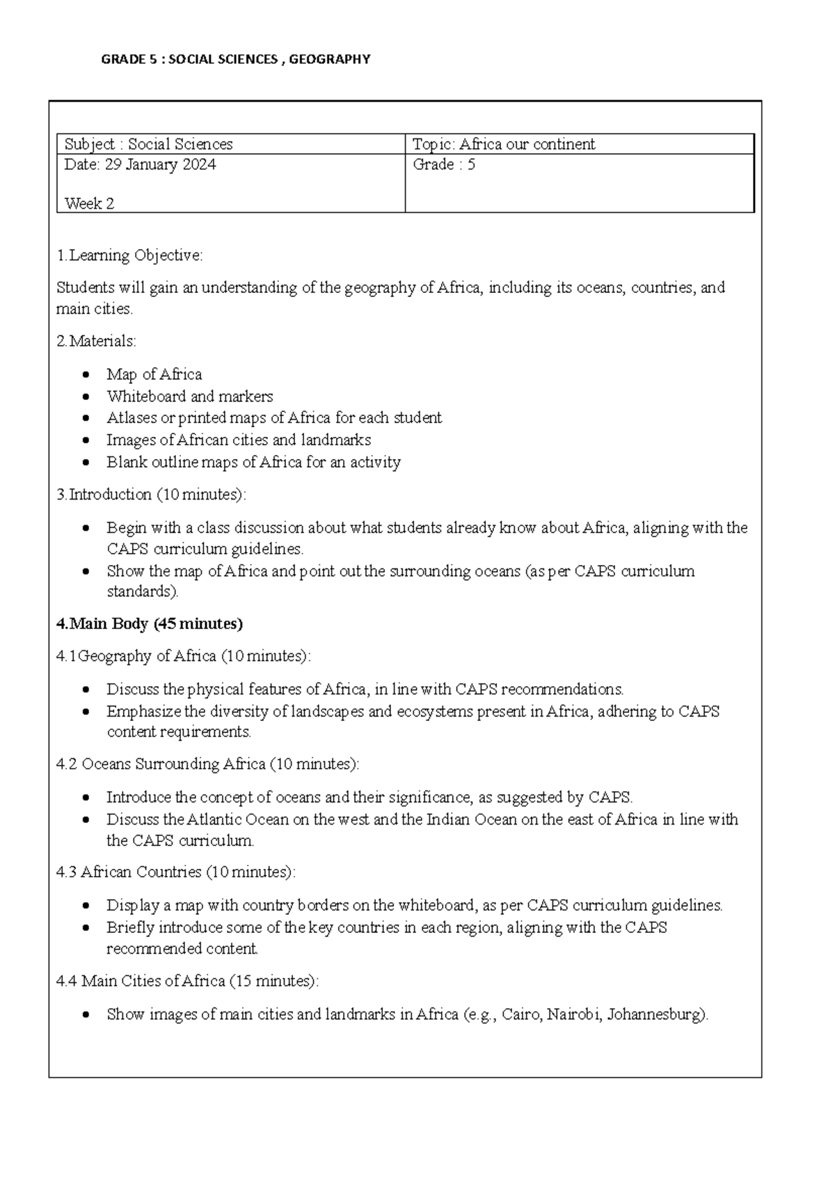 Grade 5 Short Lesson PLAN 3^J africa our continent - GRADE 5 : SOCIAL ...