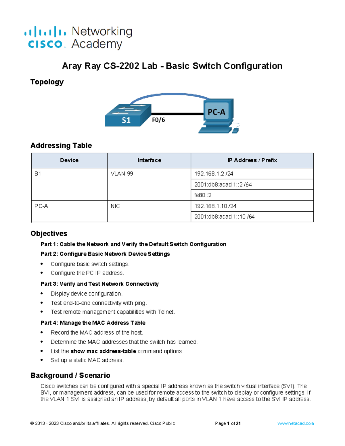 117 Lab Basic Switch Configuration Topology Addressing Table Device Interface Ip Address