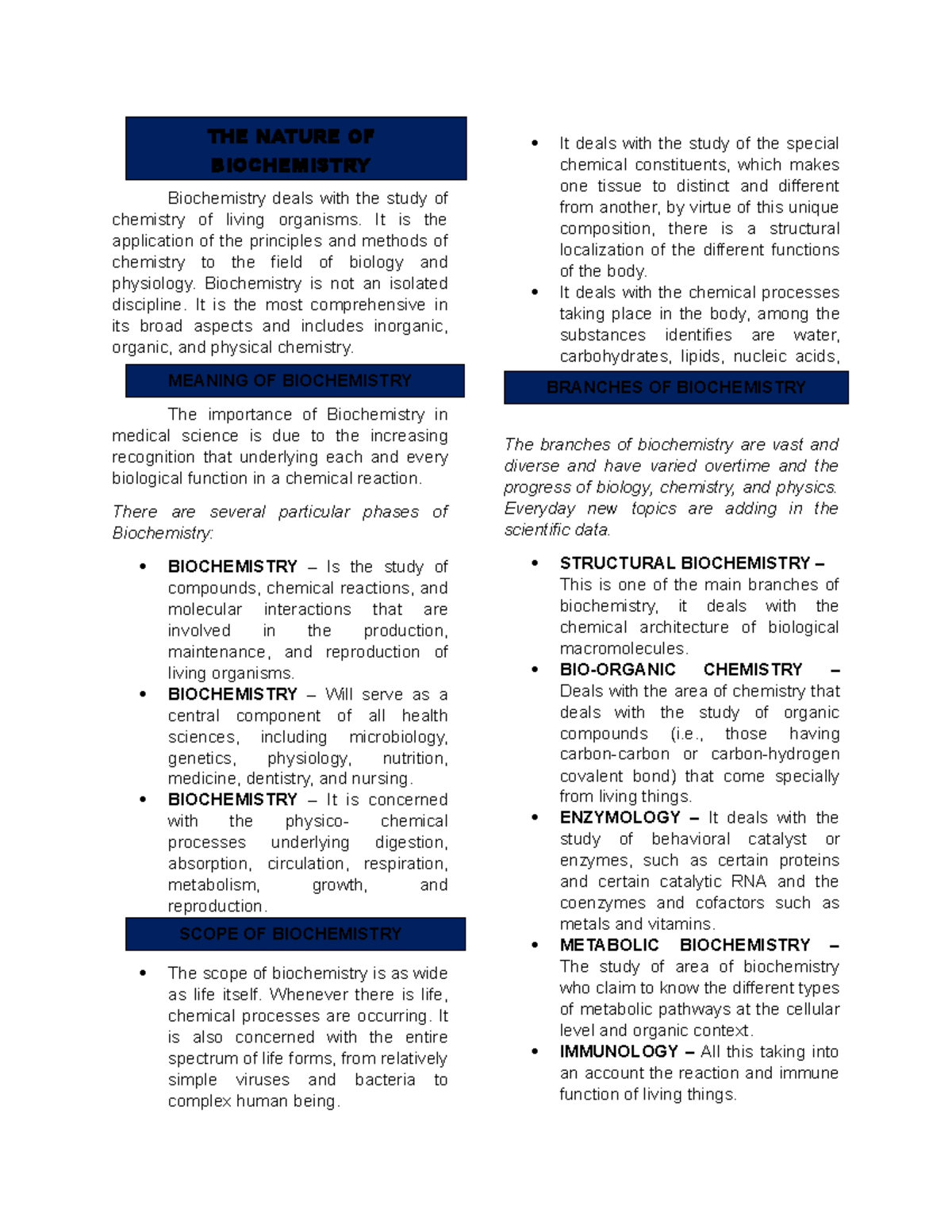Biochem- Lecture - LEC - Biochemistry deals with the study of chemistry ...