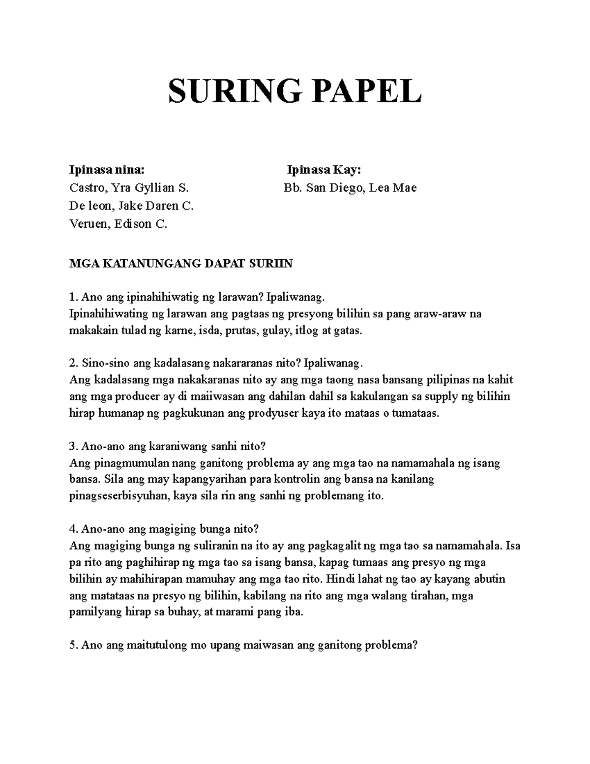 Suring Papel - SURING PAPEL Ipinasa nina: Ipinasa Kay: Castro, Yra ...