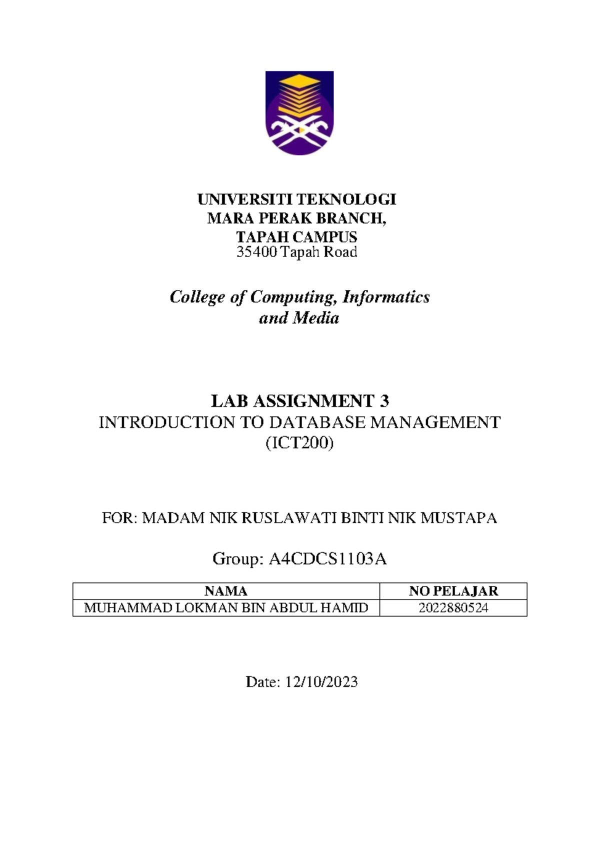 ICT200 Simple Query - practical - UNIVERSITI TEKNOLOGI MARA PERAK ...