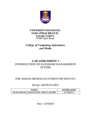 ICT200 Column Function - UNIVERSITI TEKNOLOGI MARA PERAK BRANCH, TAPAH ...