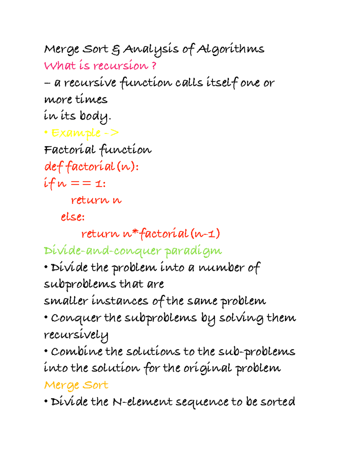 Lecture 2 Merge Sort And Analysis Of Algorithms What Is Recursion A Recursive Function Calls