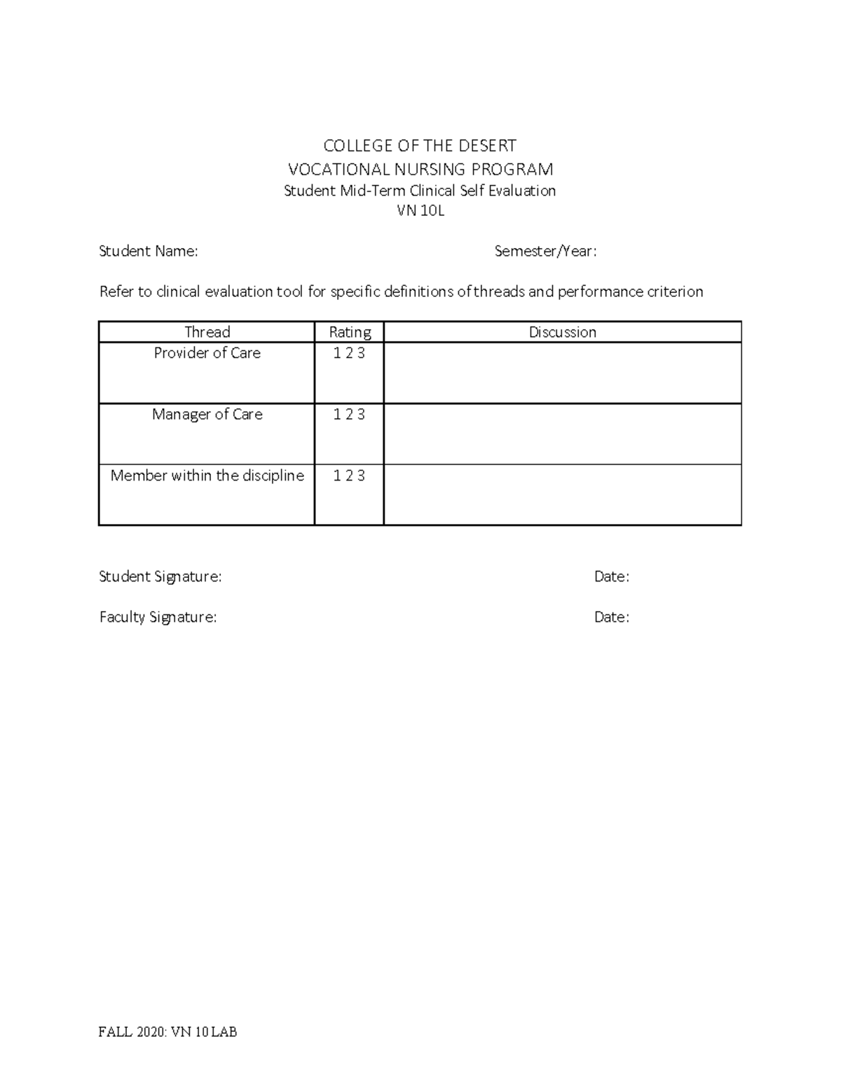 Student Midterm Self Evaluation Clinica Evaluation Tool College
