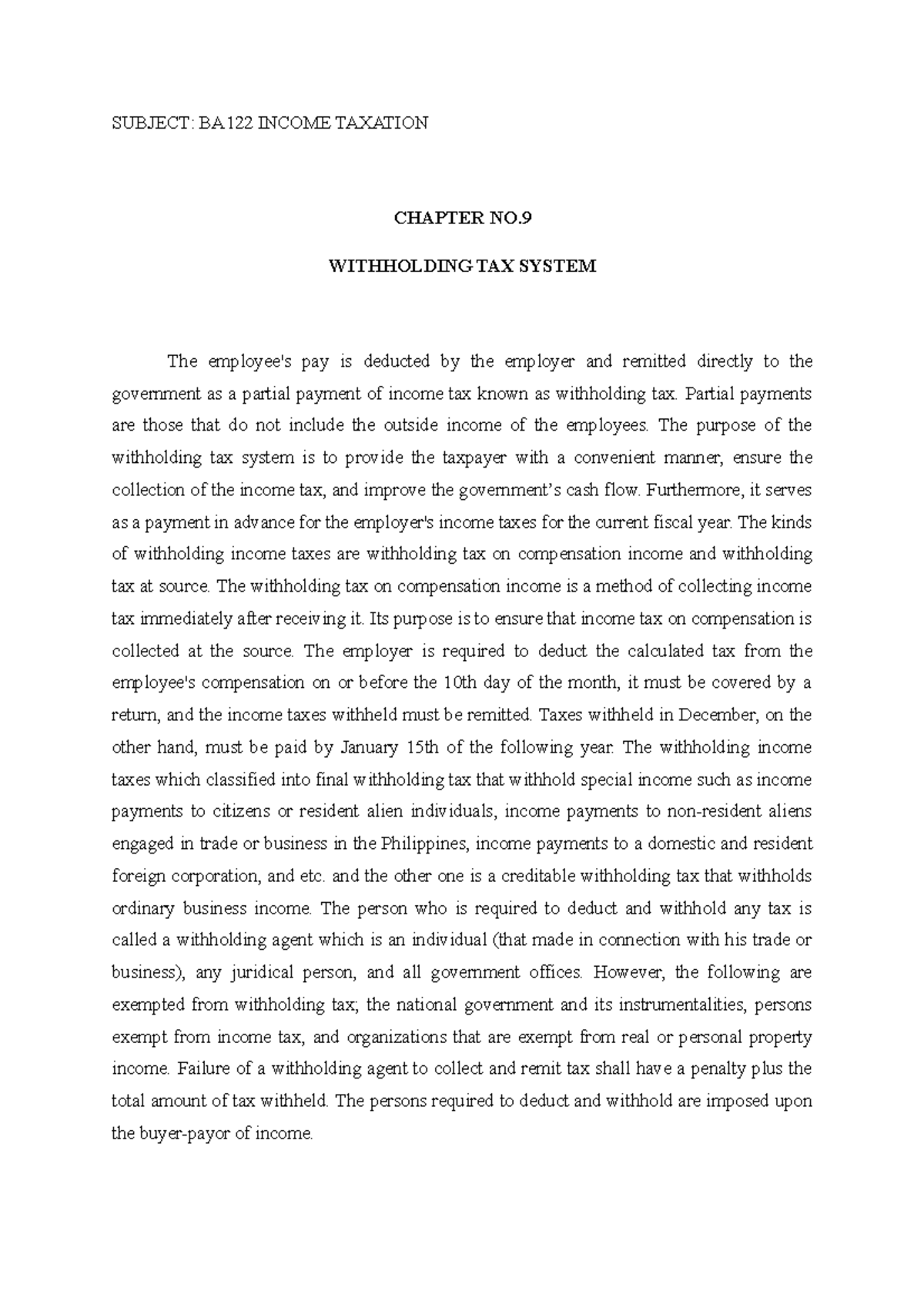 Chapter 9 Income Tax - SUBJECT: BA122 INCOME TAXATION CHAPTER NO ...