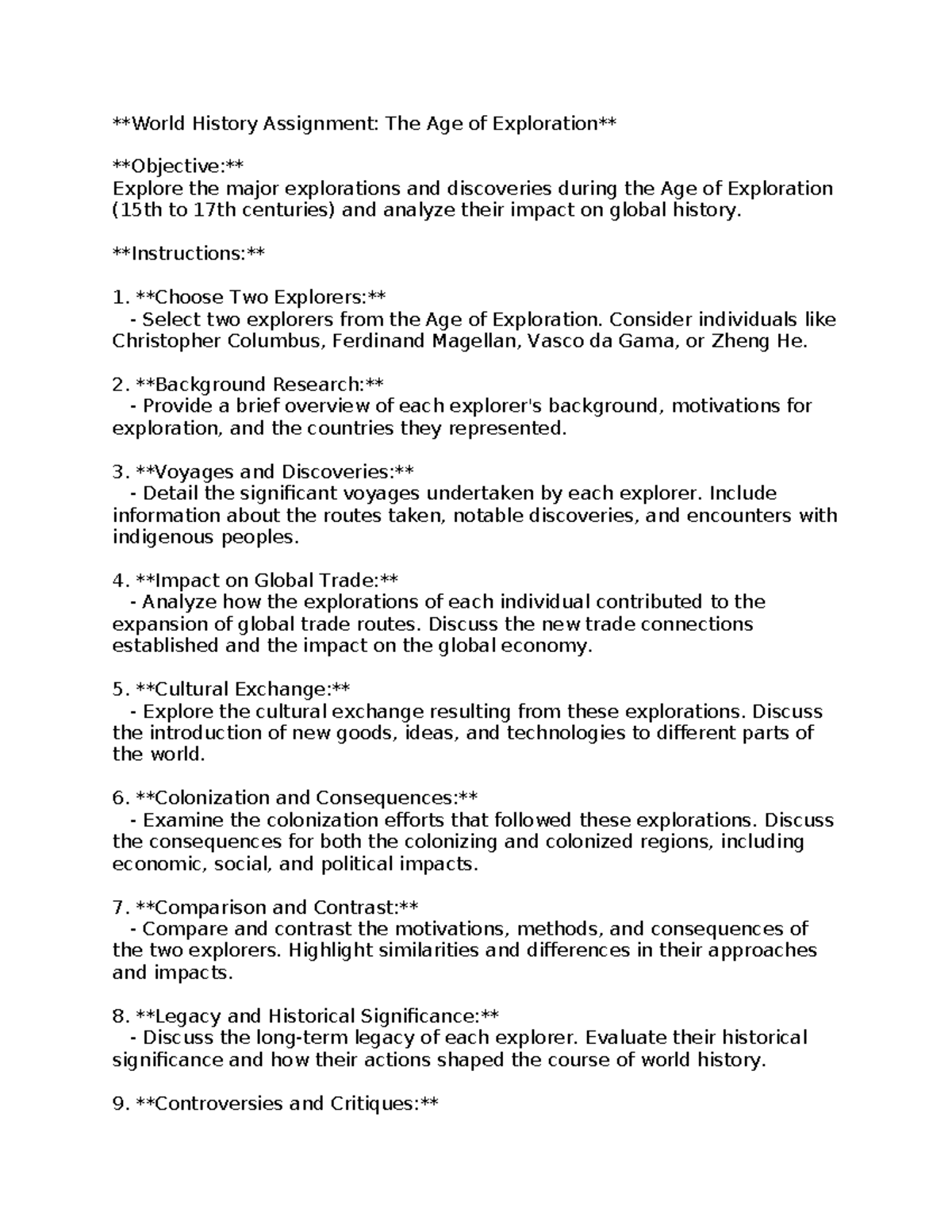 World History Assignment - Instructions: Choose Two Explorers: Select ...