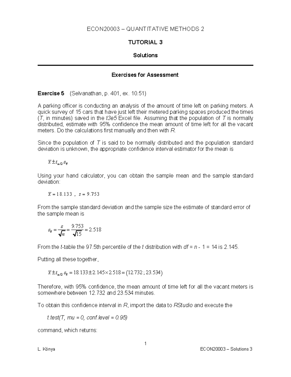 Tutorial 3 solutions - ECON20003 – Solutions 3 1 ECON20003 – QUANTITATIVE METHODS 2 TUTORIAL 3 ...