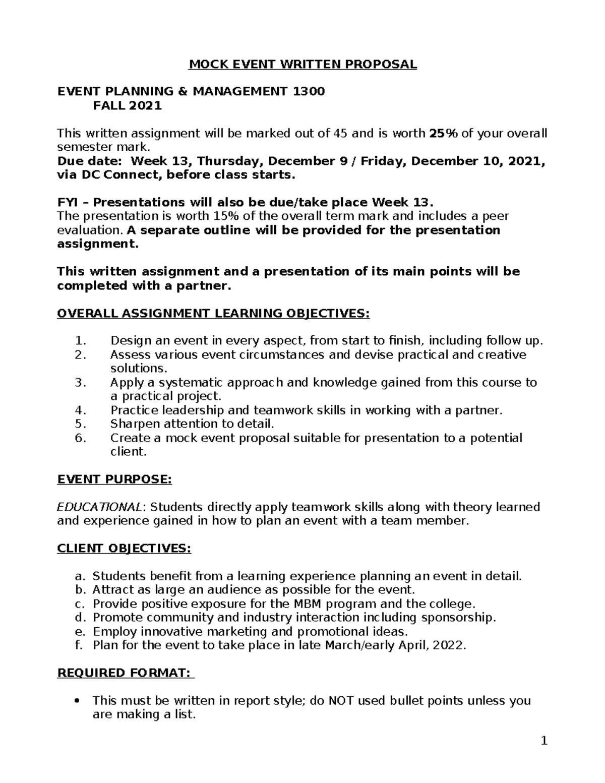 Mock Proposal Assignment 2021 - MOCK EVENT WRITTEN PROPOSAL EVENT ...