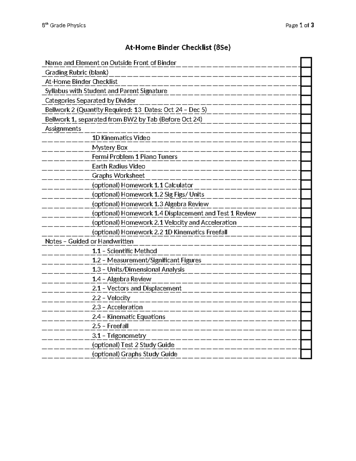 At-Home Binder Grading Rubric 8Se - 8 th Grade Physics Page 1 of 3 At ...