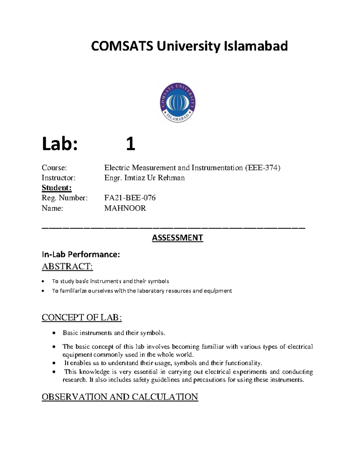 FA21 BEE 076-1 - Lab report - Lab: 1 Course: Electric Measurement and ...