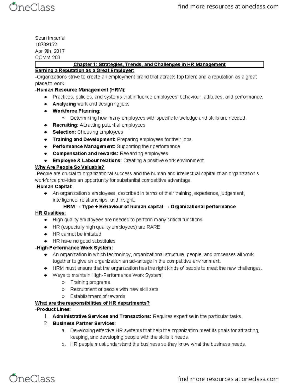HR Notes - text - Sean Imperial 18739152 Apr 9th, 2017 COMM 203 Chapter ...