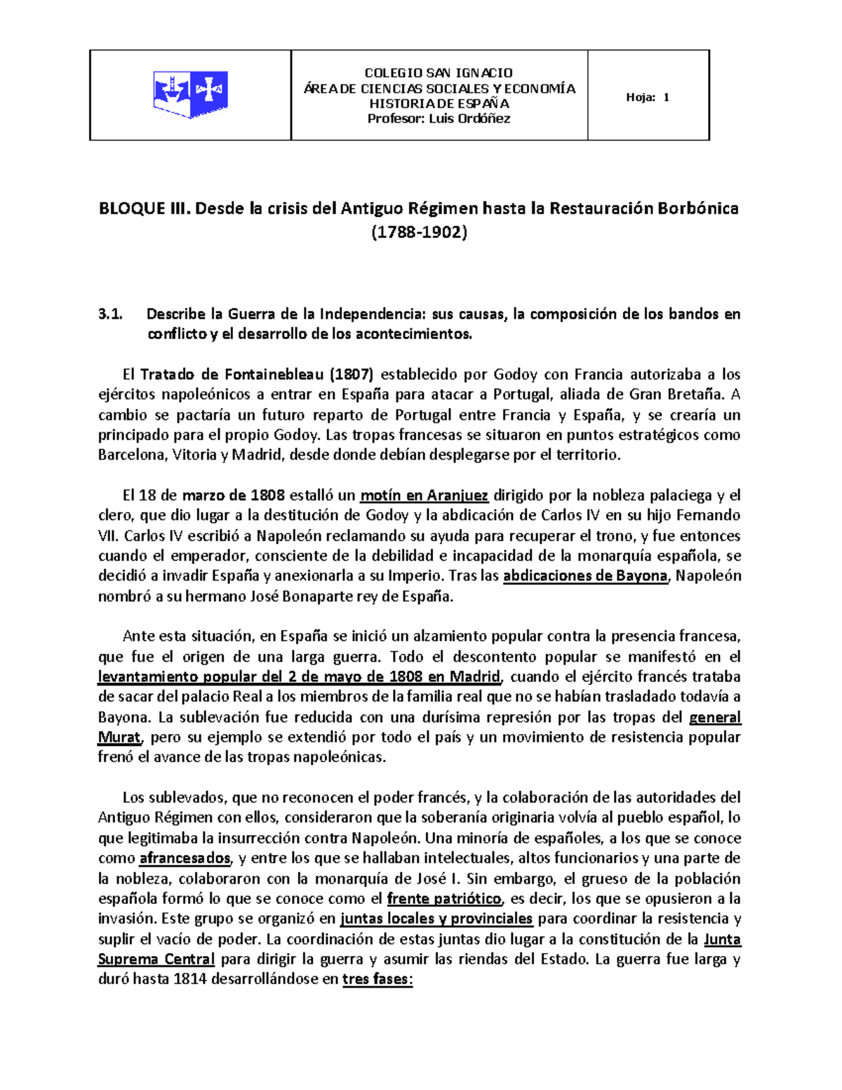 Bloque III agr - ¡REA DE CIENCIAS SOCIALES Y ECONOMÕA HISTORIA DE ESPA—A Profesor: Luis OrdÛÒez ...