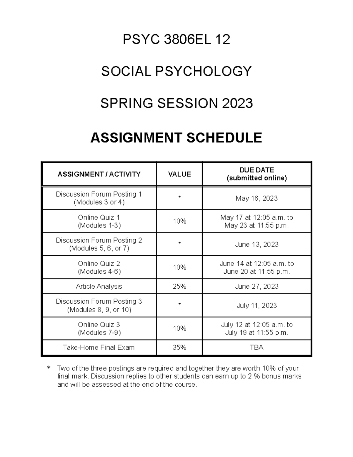 PSYC 3806 Schedule 2023SP RHaji - PSYC 3806EL 12 SOCIAL PSYCHOLOGY ...
