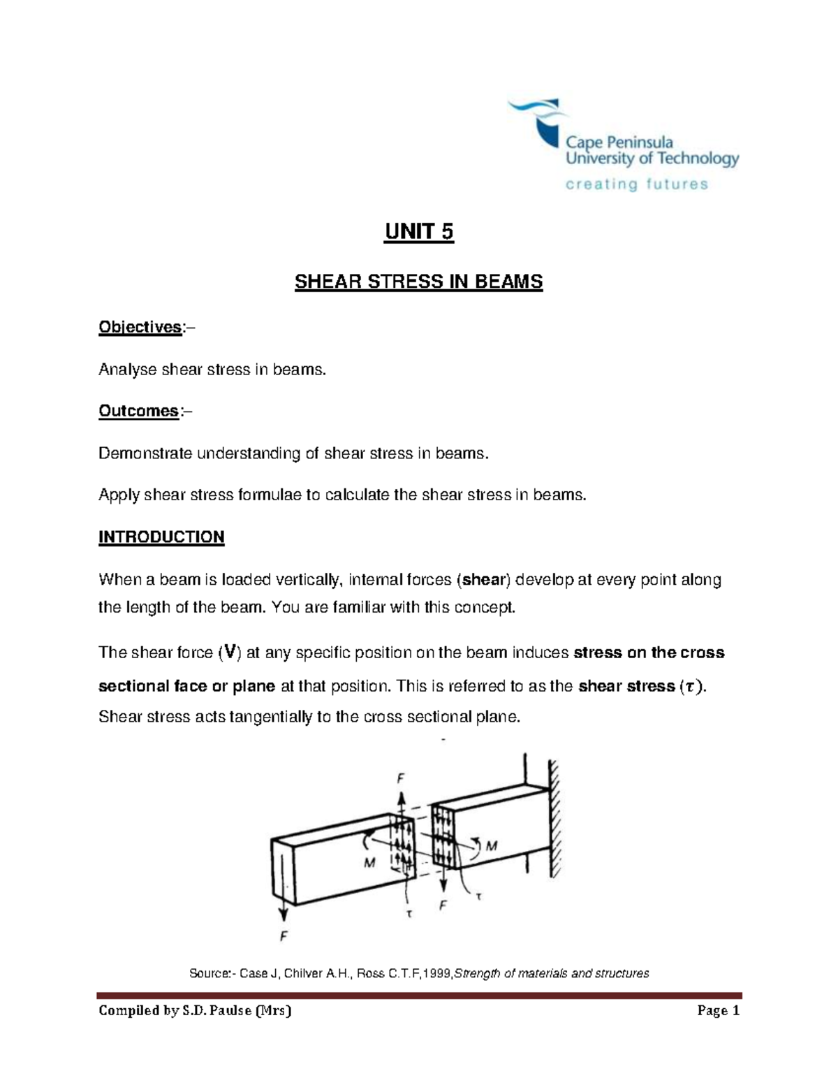 Shear stress in beams notes - UNIT 5 SHEAR STRESS IN BEAMS Objectives ...