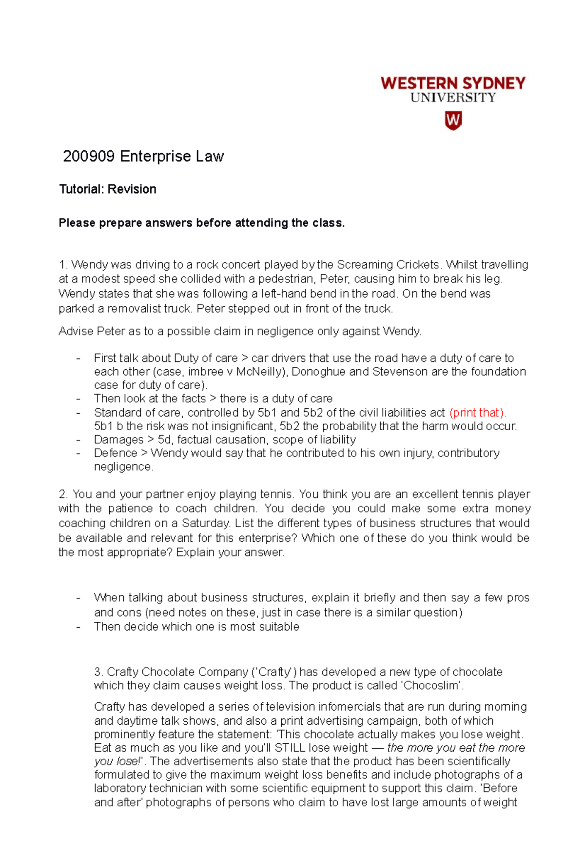 Revision questions - 200909 Enterprise Law Tutorial: Revision Please ...