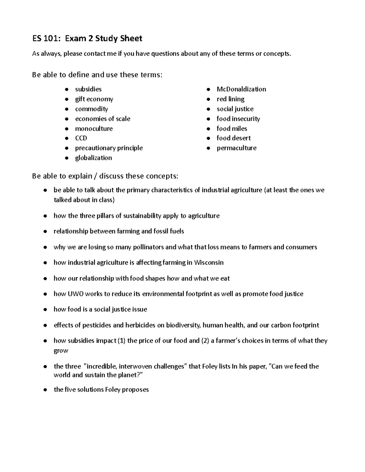 Exam 2 study sheet spring 2021 - ES 101: Exam 2 Study Sheet As always ...
