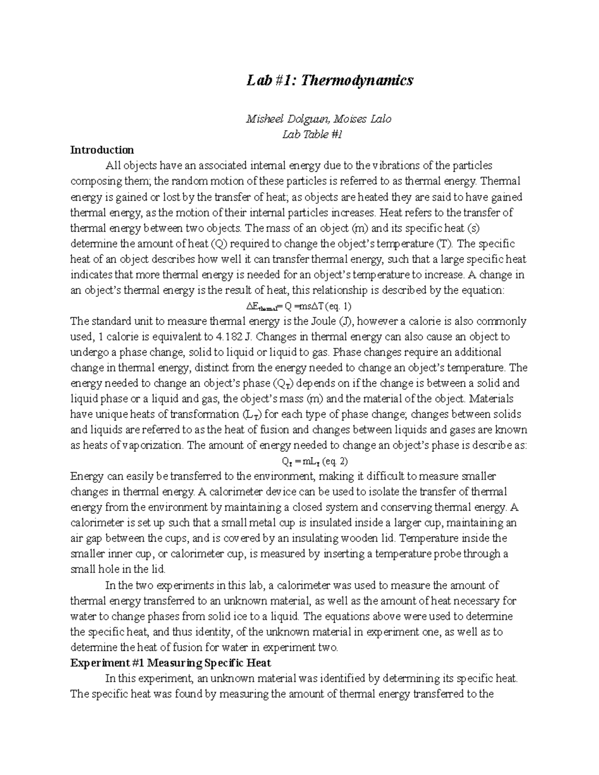 Physics 2 lab 1 - Lab #1: Thermodynamics Misheel Dolguun, Moises Lalo ...