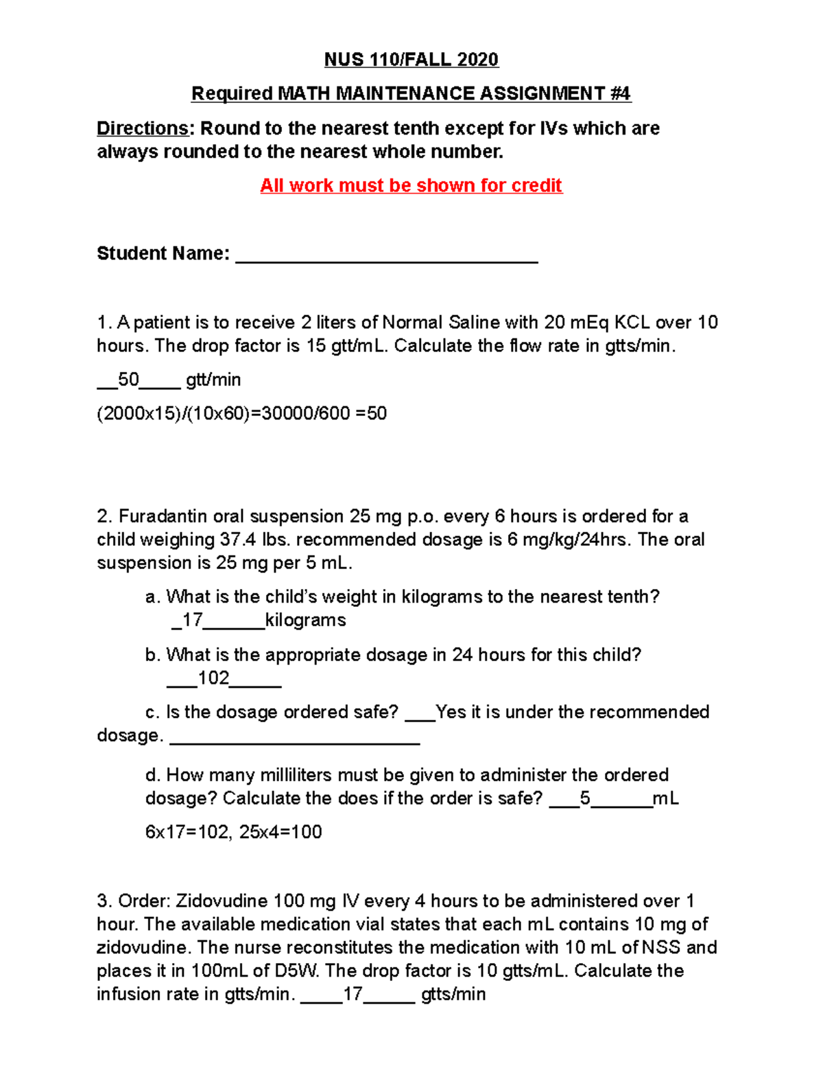 NURS 110 - MATH Maintenance 4 - NUS 110/FALL 2020 Required MATH ...