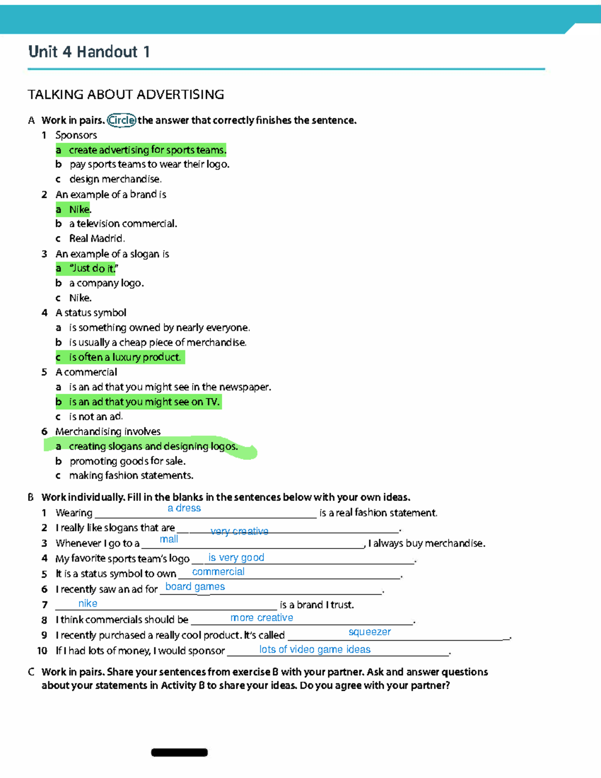 BUS 2.0 Level 4 Lesson Plan 4 Handout 1 DVZ - Unit 4 Handout 1 TALKING ...