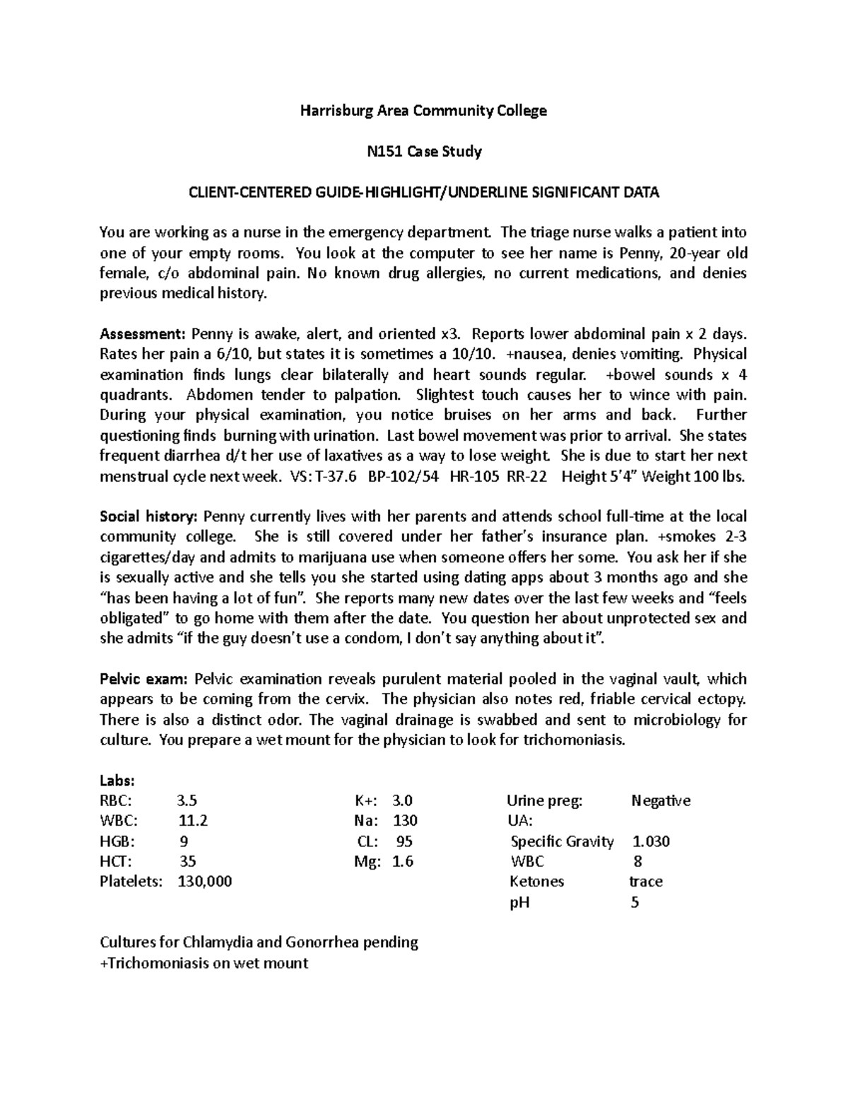 Nursing 151 STI Case Study-student - Harrisburg Area Community College ...