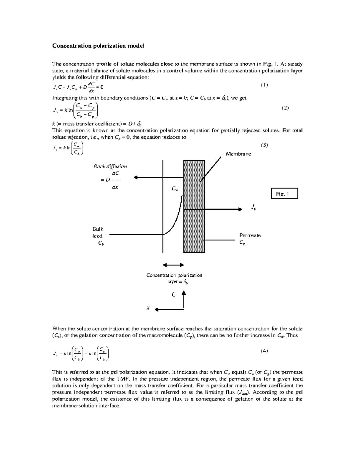 Concentration polarization - 1. At steady state, a material balance of ...