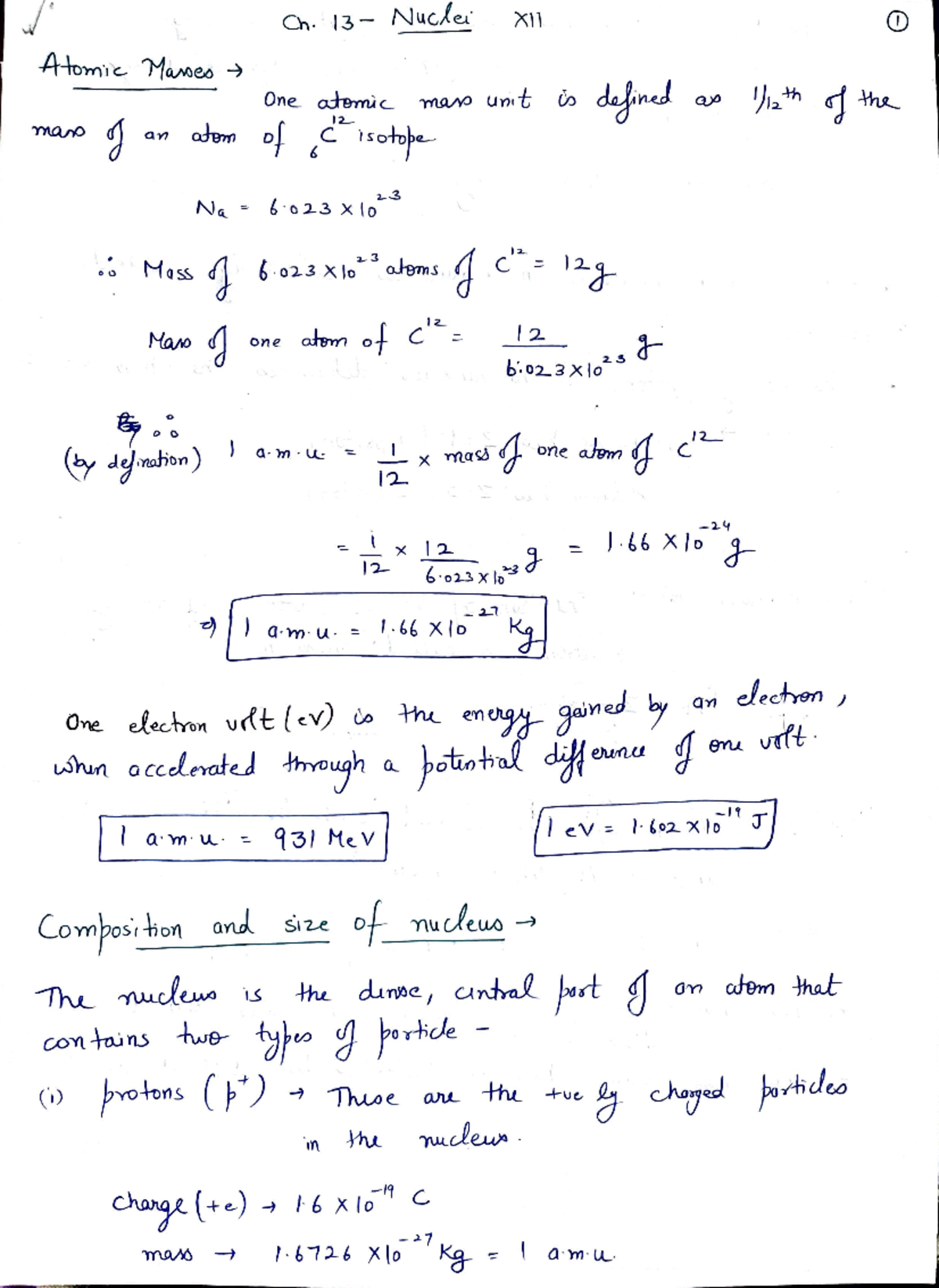 Nuclei chapter notes - Ch. Nuclei XII I Atomic Masses One atomic mars ...