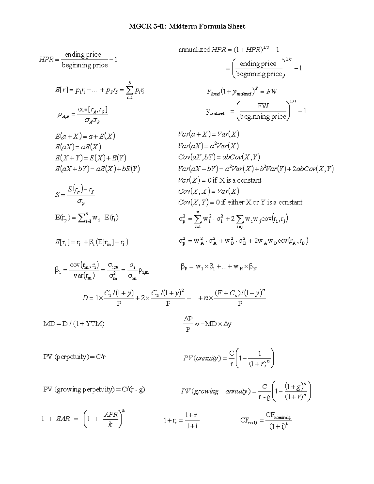 Finance 1 Midterm Formula Sheet - 1 beginningprice ending price = − - Studocu